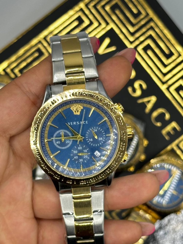 Versace Big Boss Modeli Gold-Gümüş Kordon Mavi Kadran Erkek Çelik Saat ...